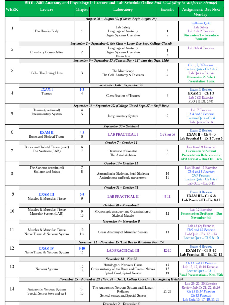 BIOL 2401 Online Fall 2024 Schedule | PDF