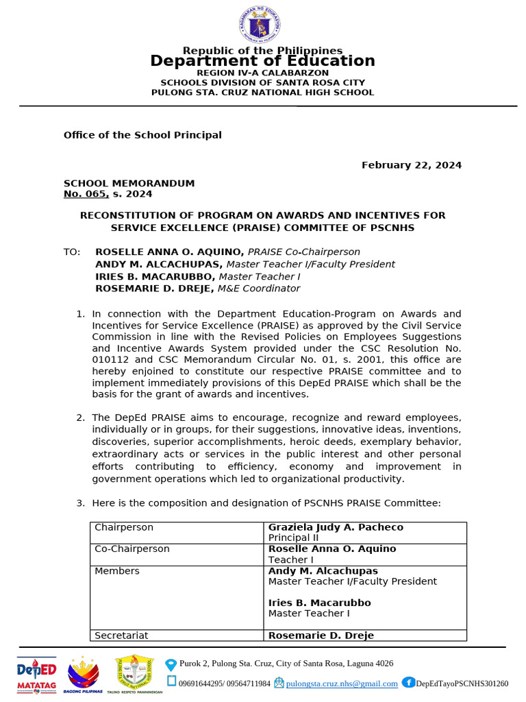 SM No. 065 S. 2024 - Reconstitution of Praise Committee | PDF