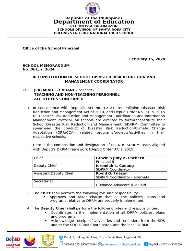 SM No. 061 S. 2024 - Reconstitution of SDRRM Committee | PDF