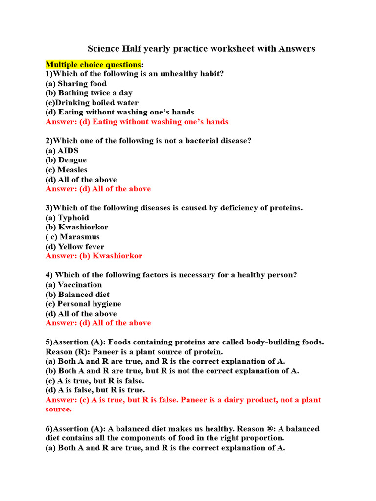 Science Practice Worksheet (Half Yearly) | PDF