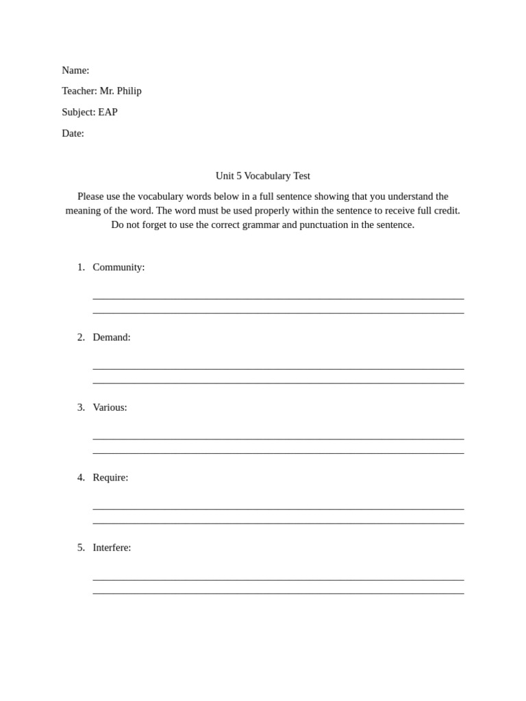 Chapter 5 Vocabulary Test | PDF