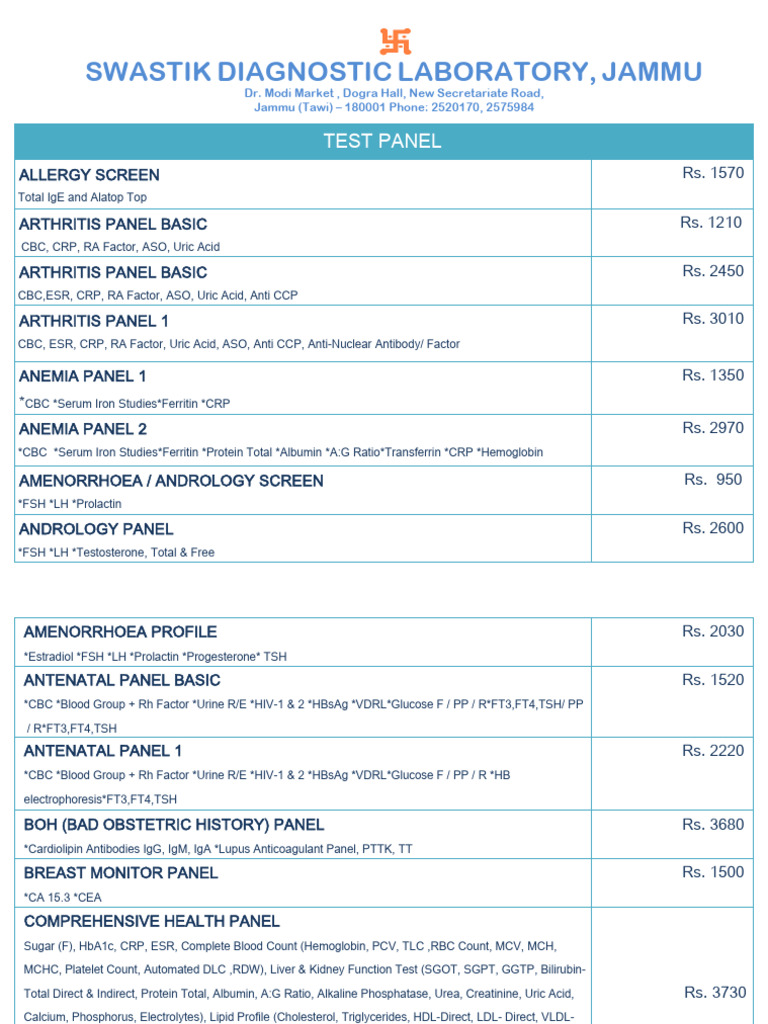 Swastik Diagnostic Lab Test Panels | PDF | High Density Lipoprotein ...