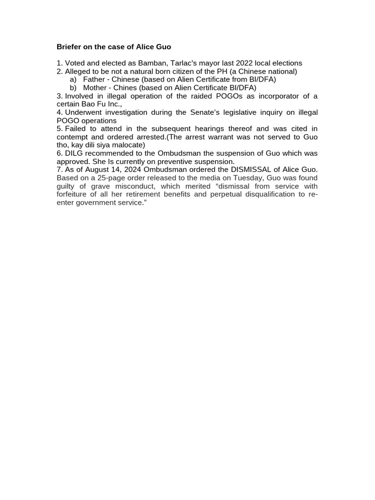 Briefer on the case of Alice Guo | PDF