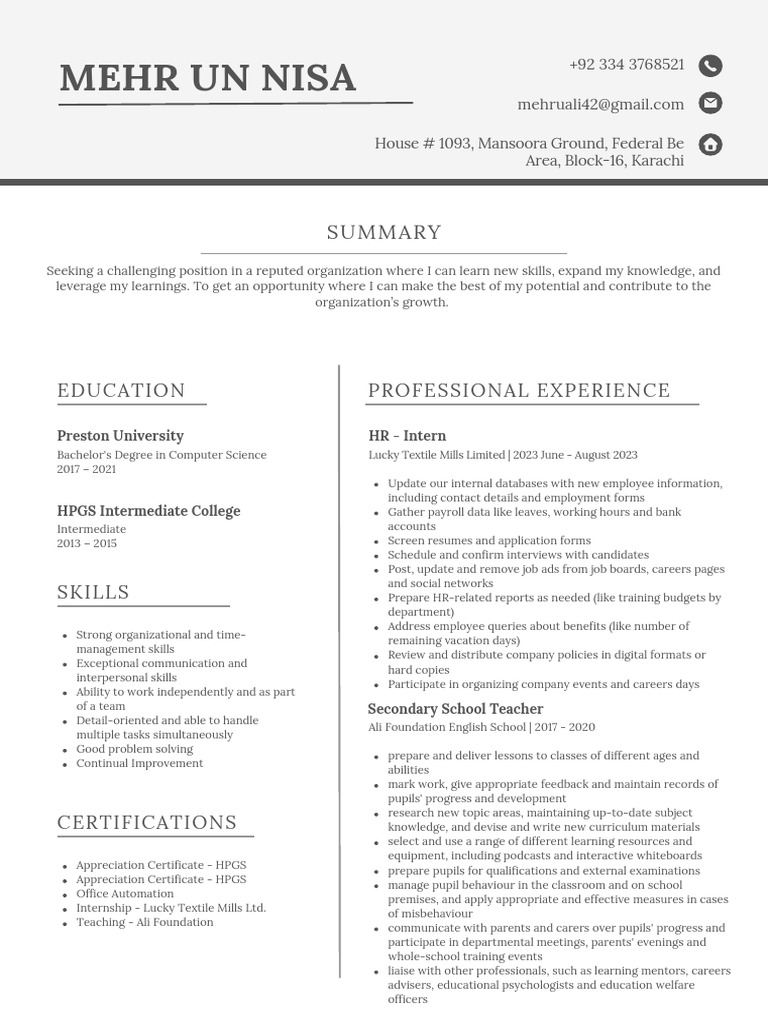 Mehr Un Nisa - Resume | PDF