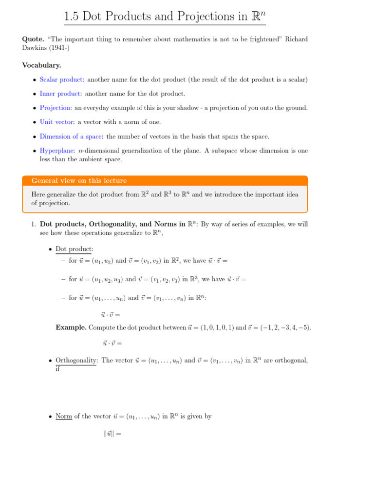 Sec 1.5 Dot Product and Projection in RN | PDF