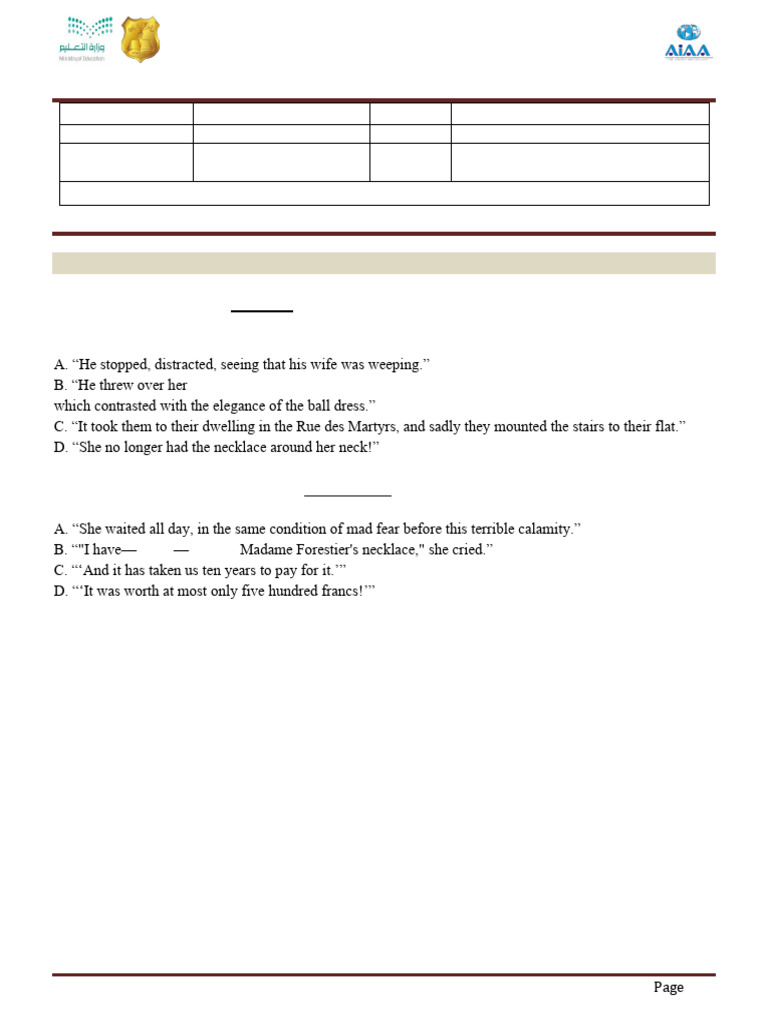 The Necklace Literature Worksheet 3 | PDF