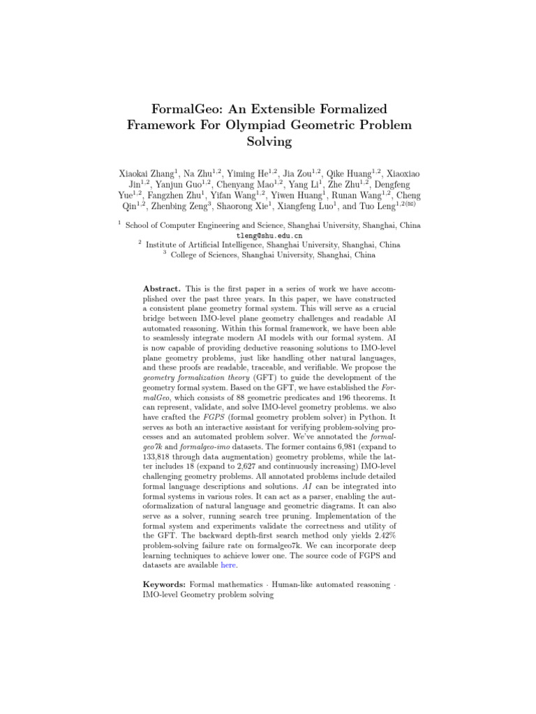 FormalGeo - An Extensible Formalized Framework For Olympiad Geometric Problem Solving | PDF