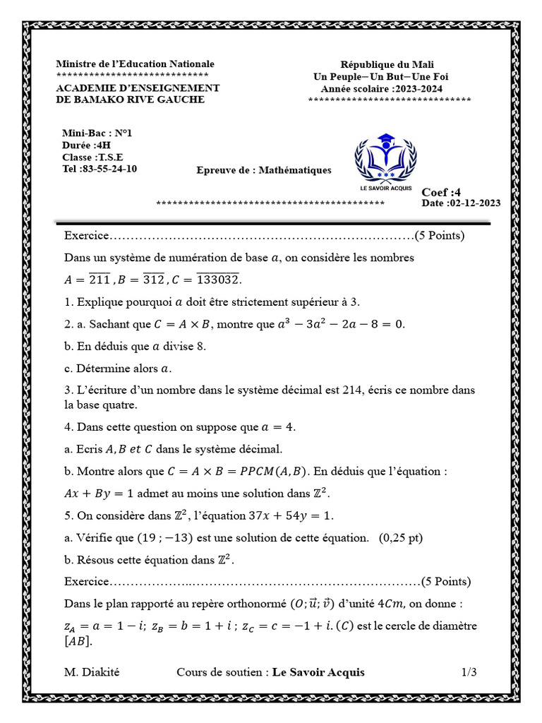 Mini Bac N° 1 Maths TSE 2023-2024 | PDF