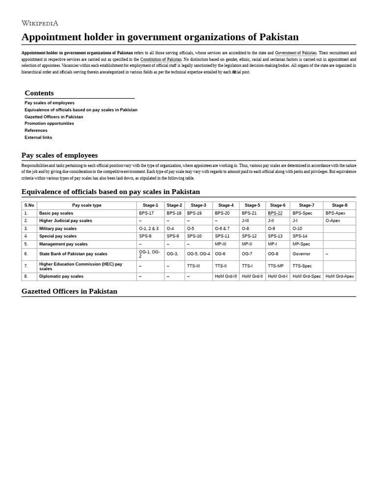 Appointment Holder in Government Organizations of Pakistan | PDF