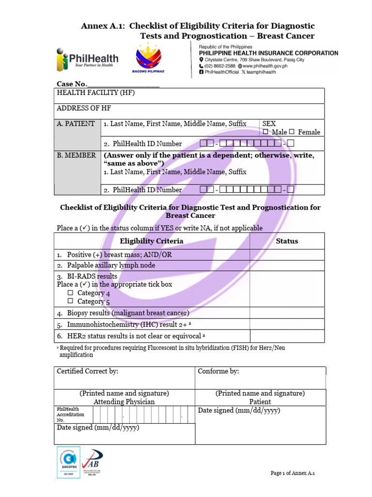 Breast Cancer Diagnostic Eligibility Checklist | PDF | Wellness ...