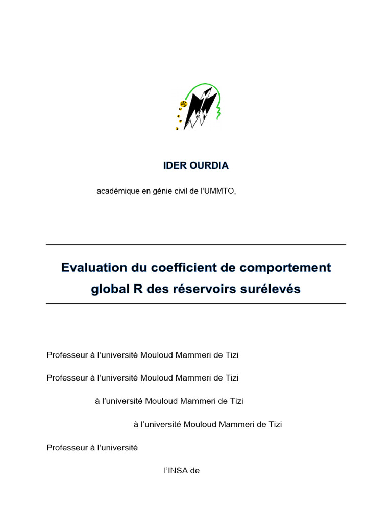 Evaluation Du Coefficient de Comportement Global R Des Réservoirs ...