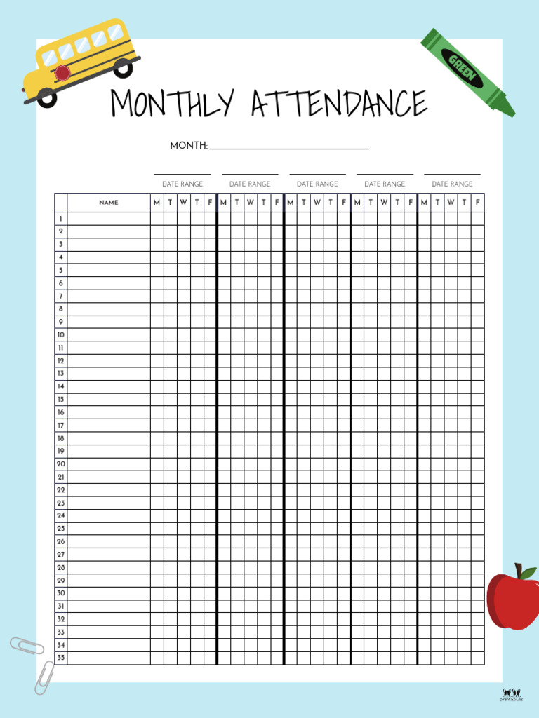 Printable Monthly School Attendance Sheet 7 | PDF