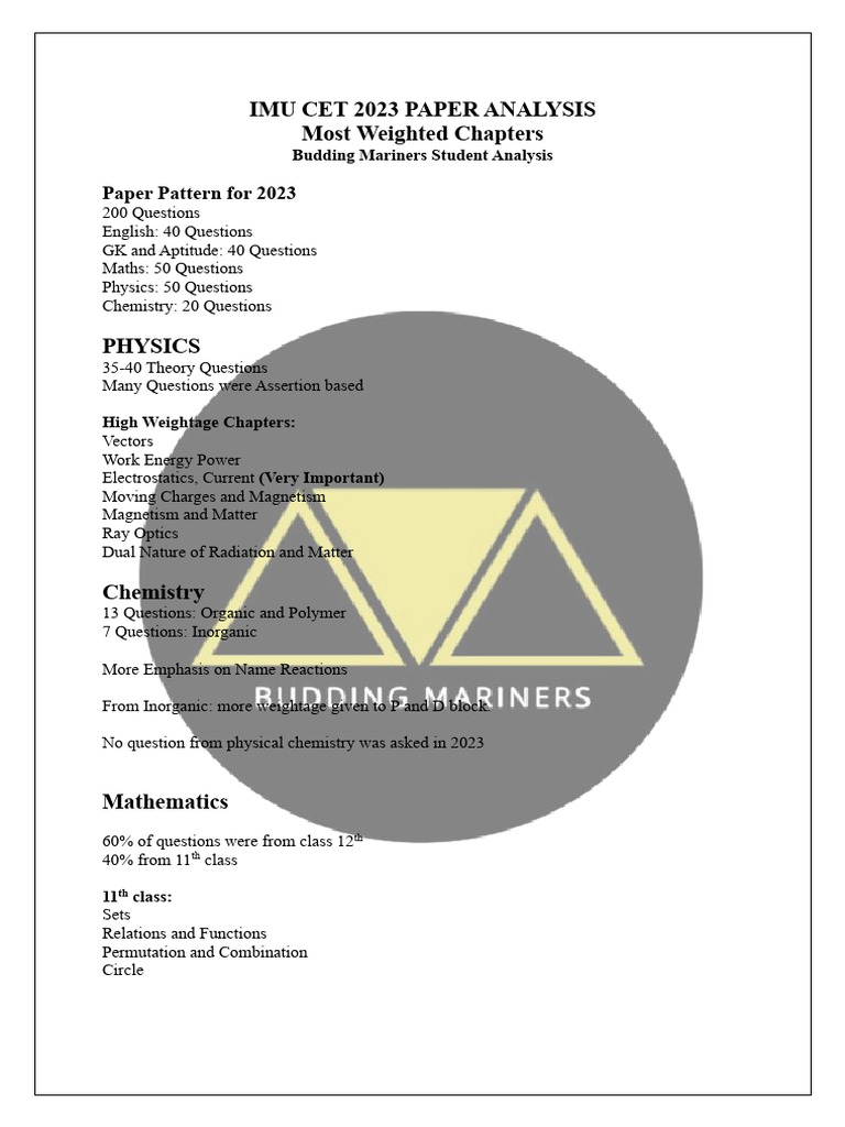 Imu Cet 2023 Paper Analysis | PDF