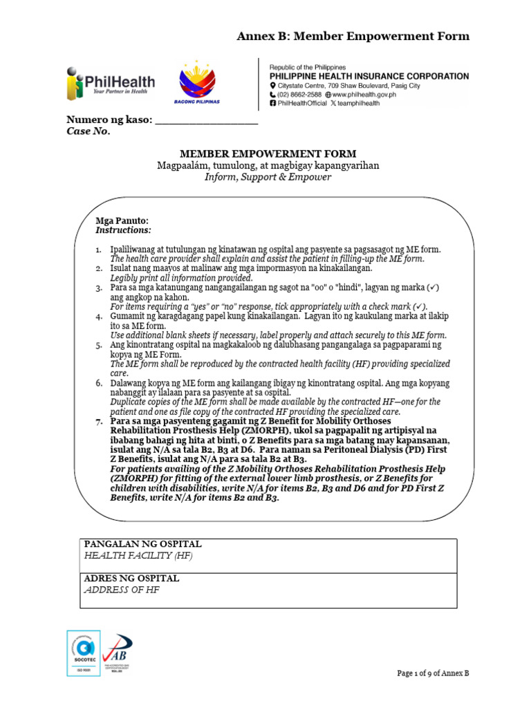 Annex B Member Empowerment (ME) Form | PDF | Health Sciences | Science ...