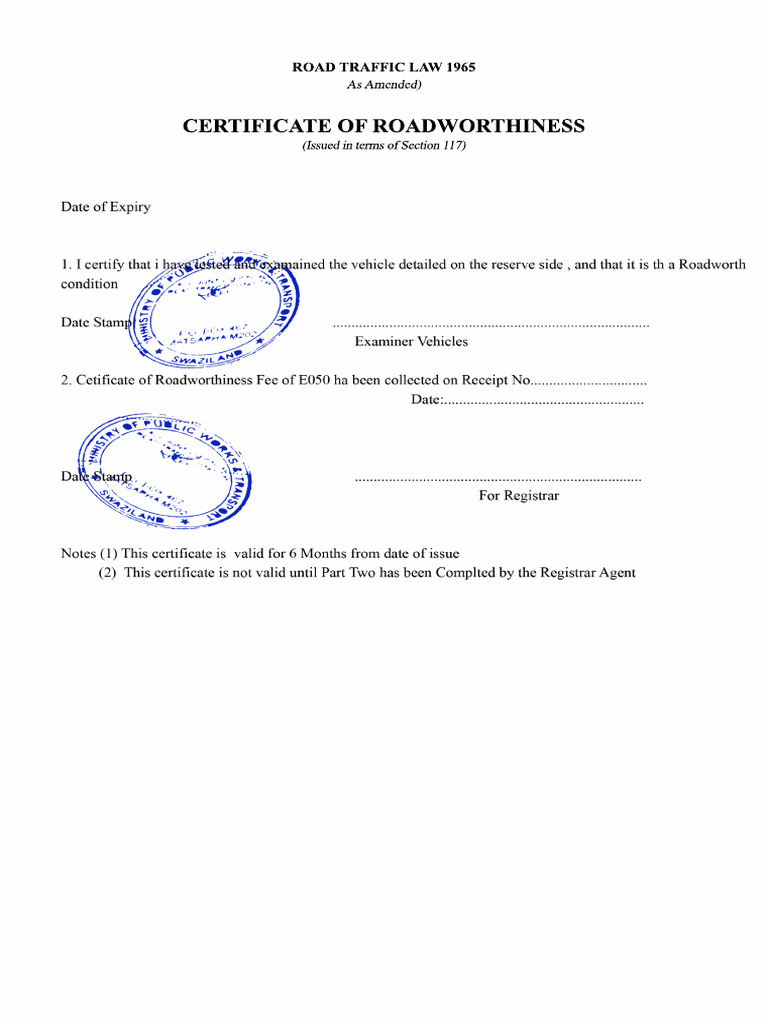 Swaziland Roadworthy Certificate | PDF