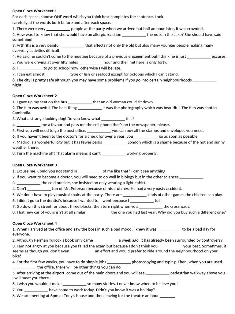 Open Cloze Worksheet B1 | PDF