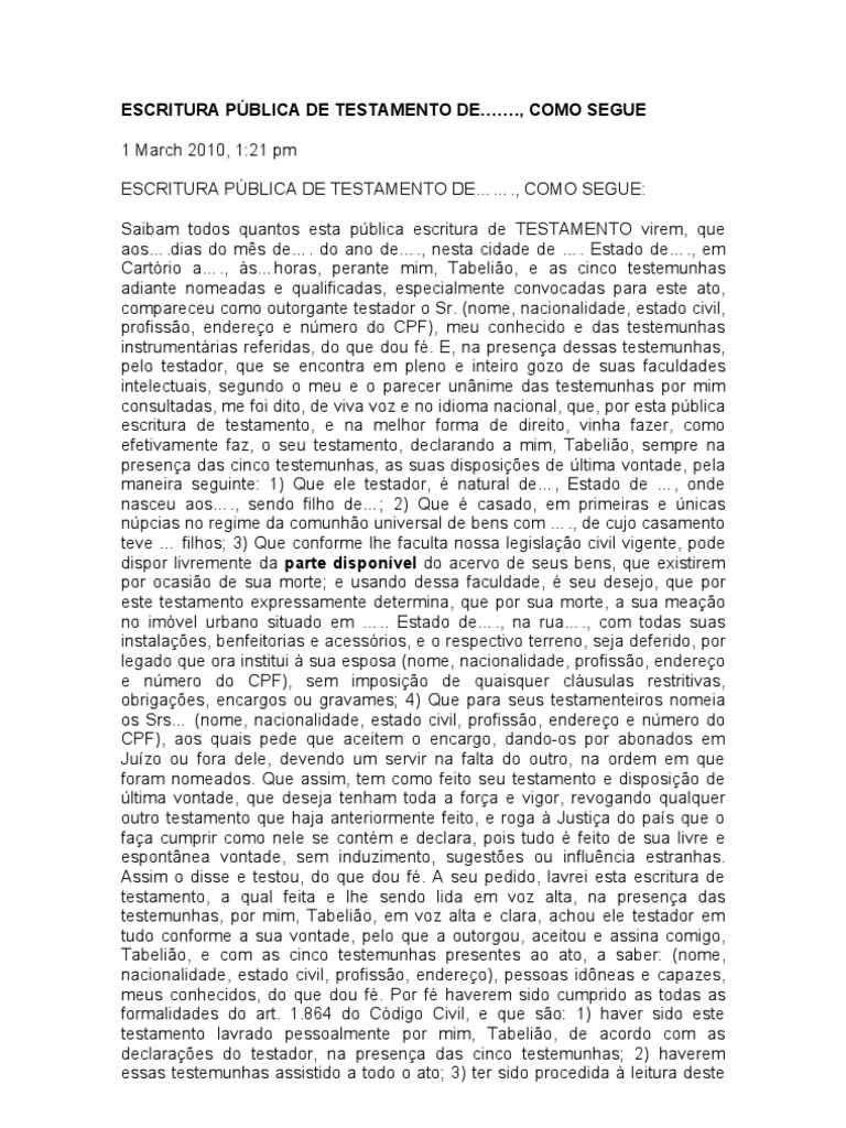 Modelos Escritura Pública de Testamento | PDF | Testamento | Fé