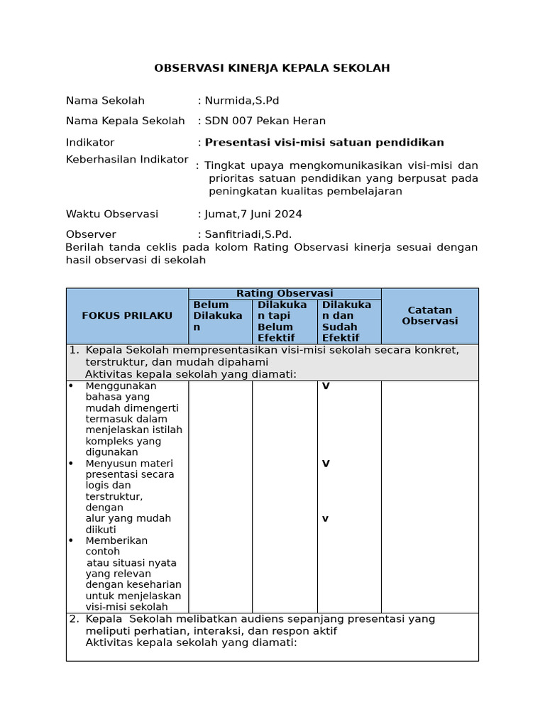 Lembar Observasi E-Kinerja Kepala Sekolah (PMM) | PDF