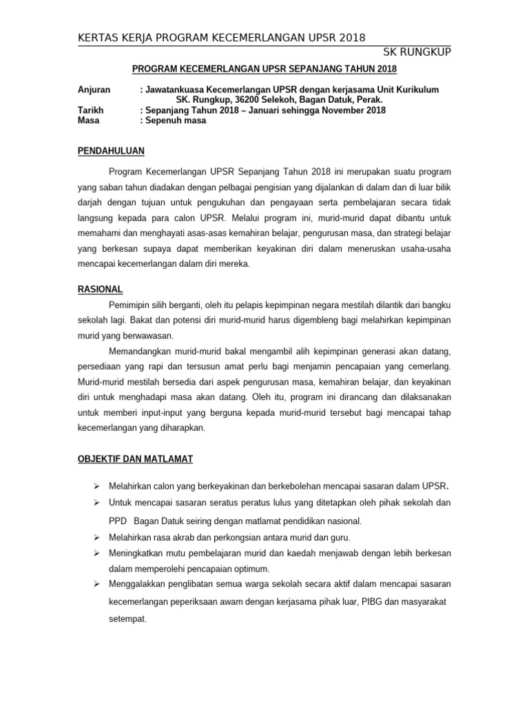 Kertas Kerja Program Kecemerlangan UPSR 2018 1 | PDF Kertas Kerja Program Kecemerlangan UPSR 2018 1 | PDF