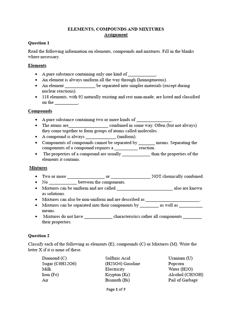 Elements Compounds and Mixtures Assignment 2024 | PDF