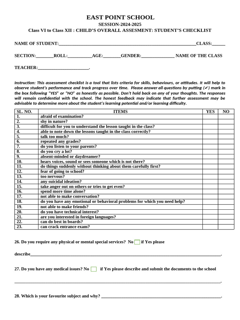 Class Vi To Xii Students' Checklist | PDF