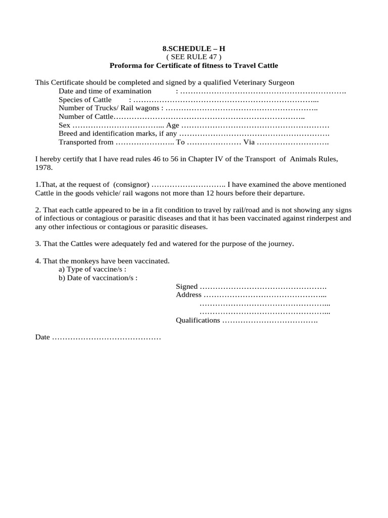 Proforma For Certificate of Fitness To Travel Cattle | PDF