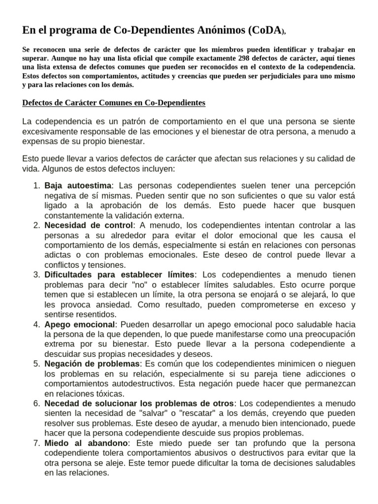 Defectos de Carácter en Codependientes | PDF | Las emociones | Autoestima