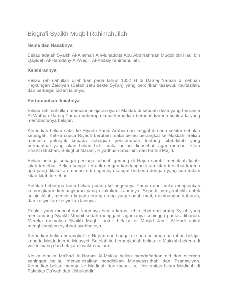 Biografi Syaikh Muqbil Rahimahullah | PDF