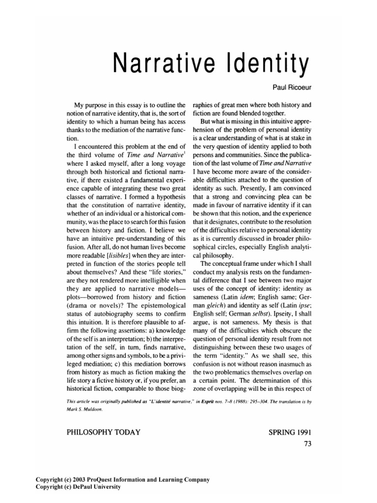 Ricoeur - Narrative Identity | PDF