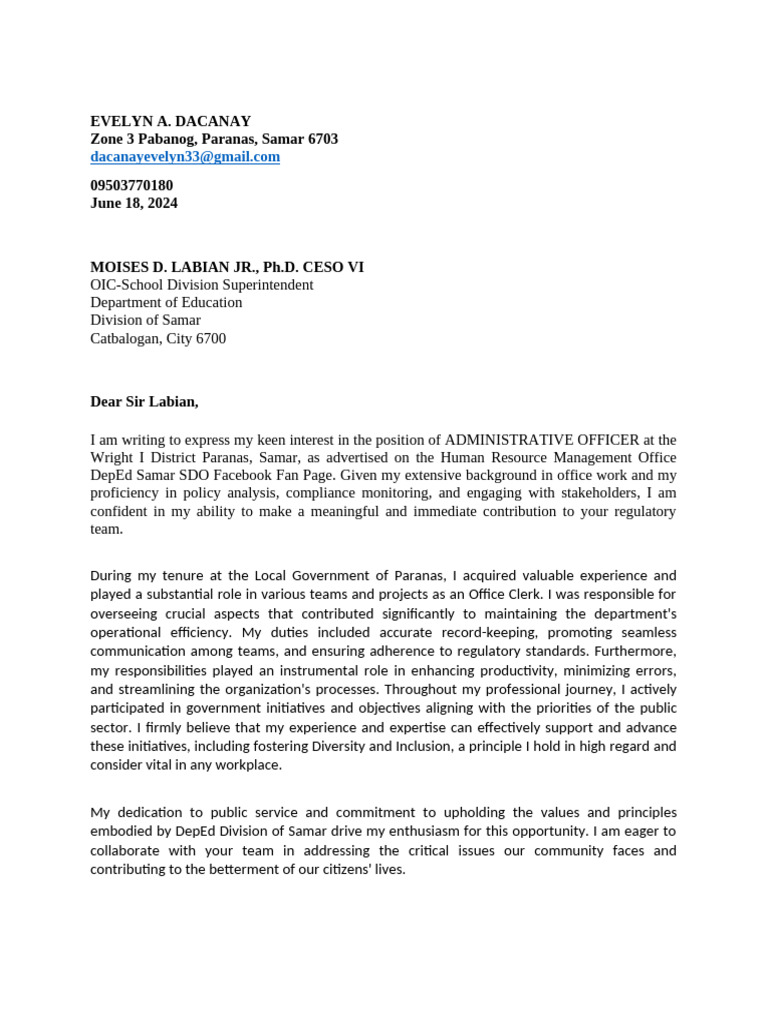 ADAS Application Letter | PDF