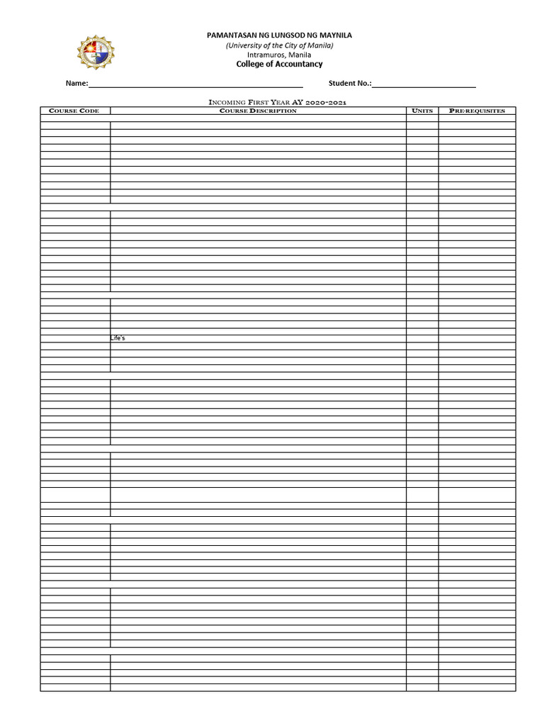PLM-BSA Curriculum Checklist | PDF