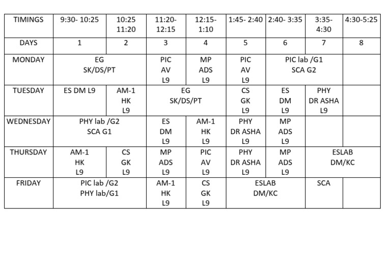 Time Table Btech First Sem Cse Aiml | PDF