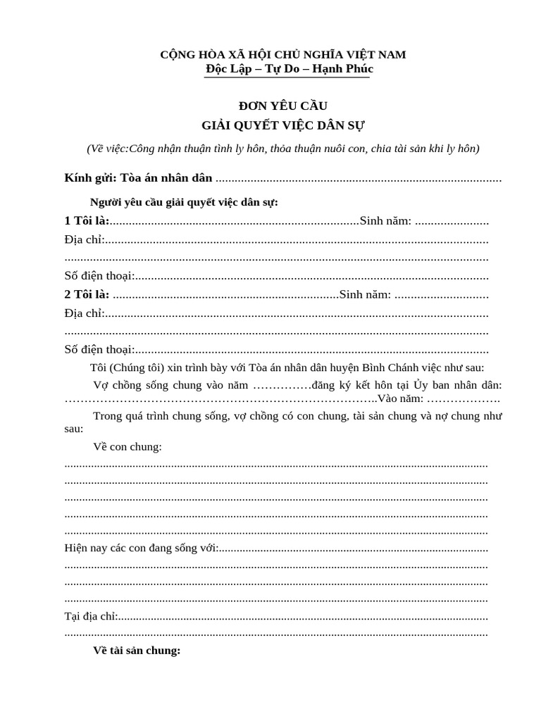 Don Yeu Cau Giai Quyet Ly Hon Thuan Tinh | PDF