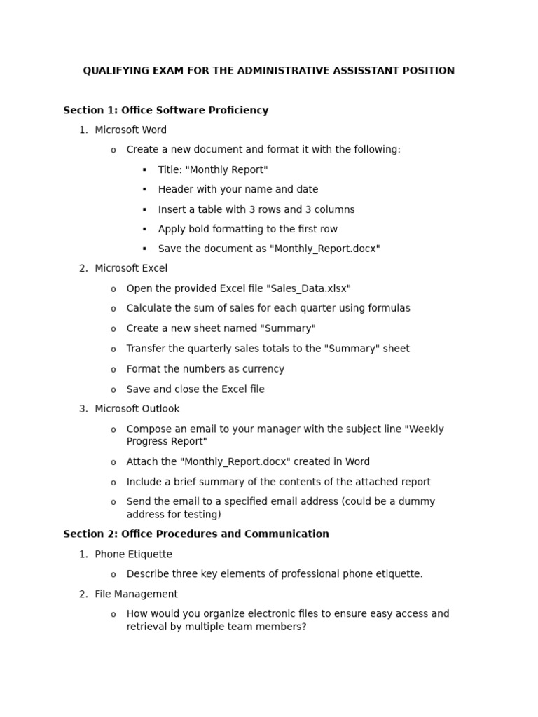 Qualifying Exam For The Administrative Assisstant Position | PDF