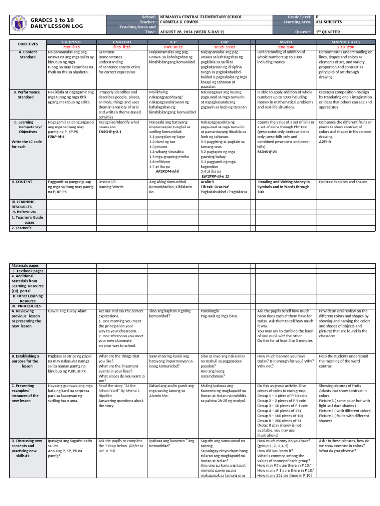 DLL - All Subjects 2 - Q1 - W5 - D2 Final | PDF