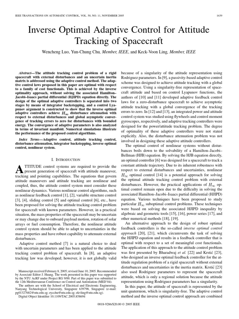 2 - Inverse Optimal Adaptive Control For Attitude Tracking of Spacecraft TAC 2005 | PDF