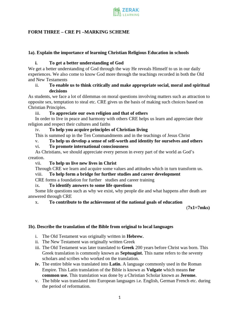 C.R.E. - Paper 1 - Marking Scheme | PDF