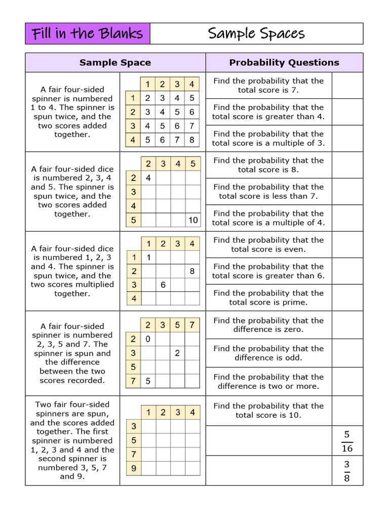 Sample Spaces Fill in The Blanks | PDF