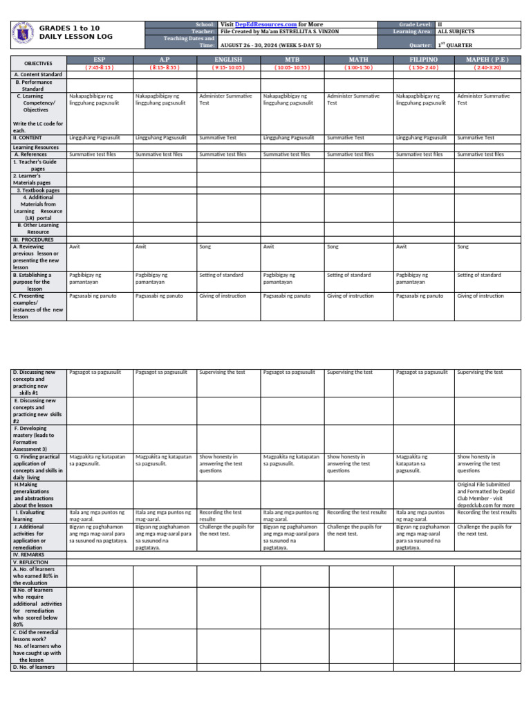 DLL - All Subjects 2 - Q1 - W5 - D5 | PDF