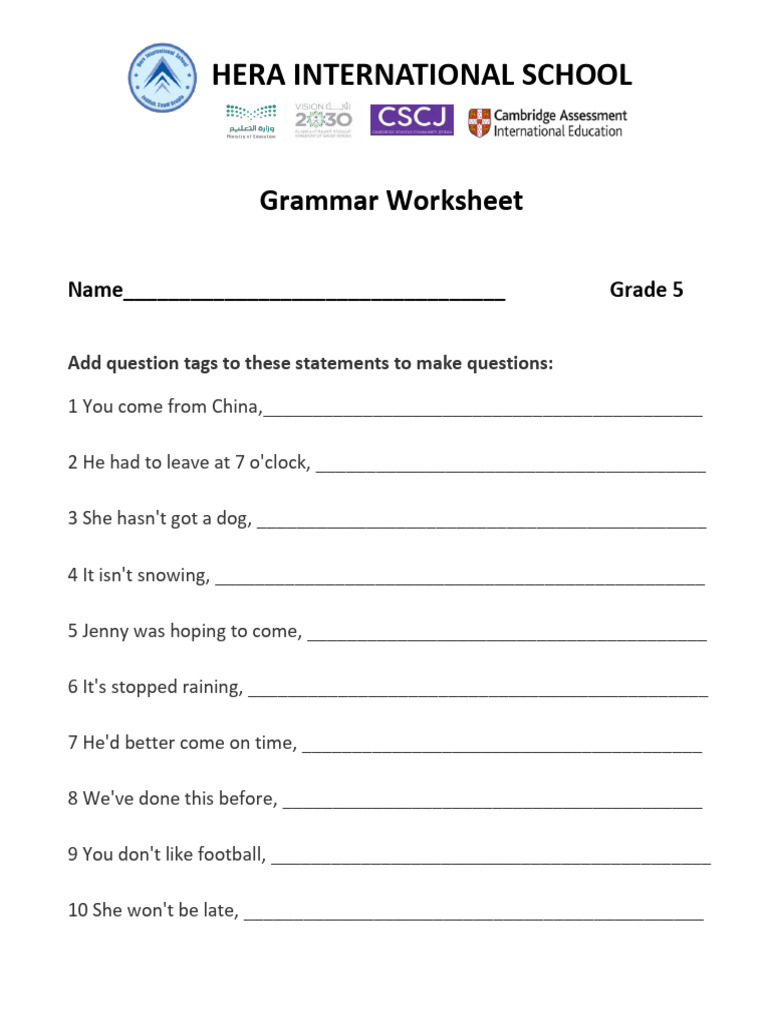 Grade 5 English Grammar Worksheet Test 2nd Term | PDF