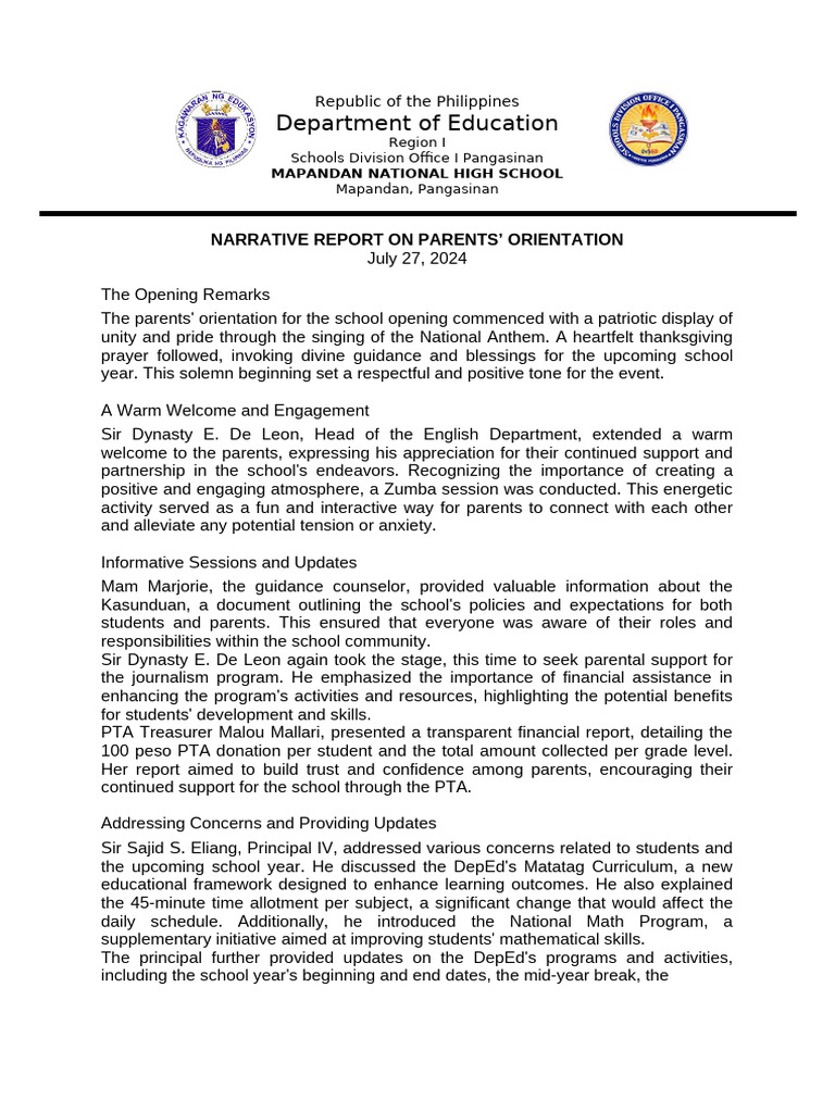 Narrative Report On Parents' Orientation | PDF Narrative Report On Parents' Orientation | PDF