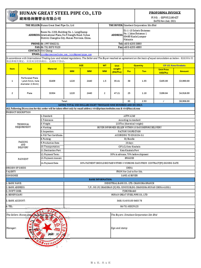 Hunan Great Steel Pipe Co - Pi | PDF