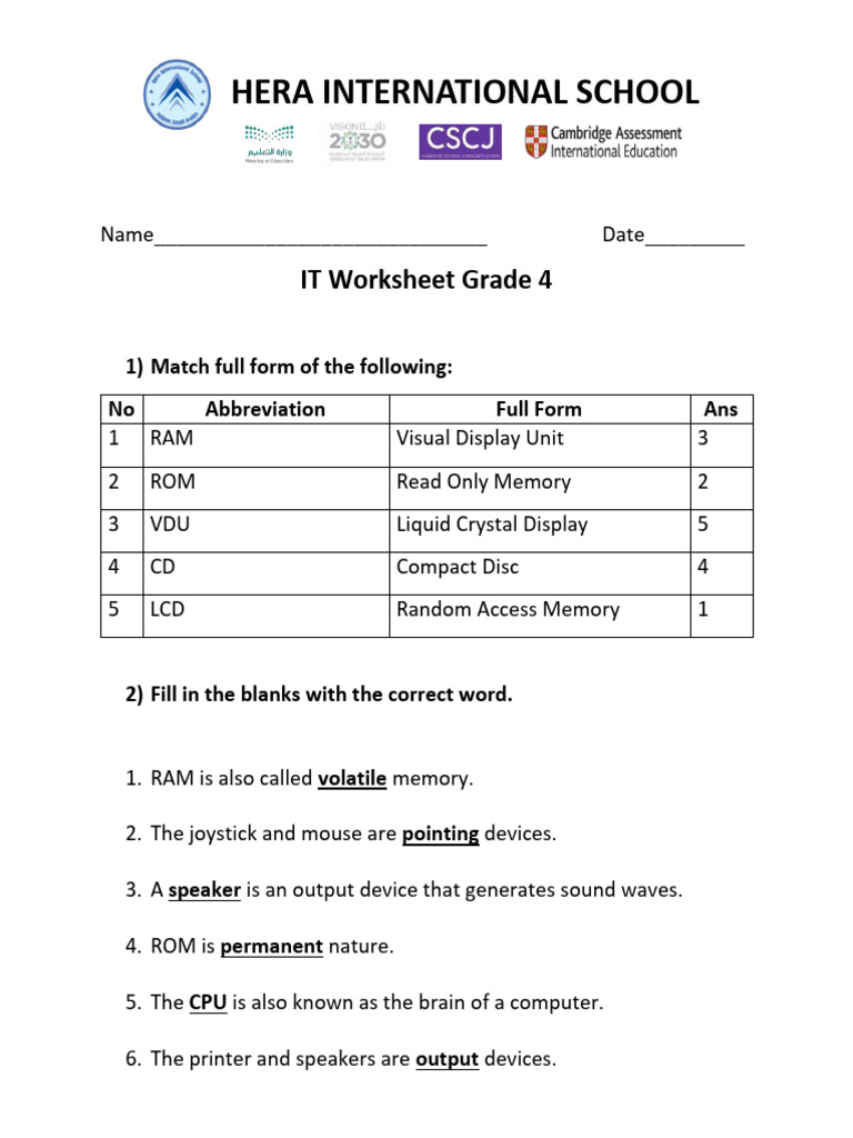 Grade 4 IT Worksheet Chapter No. 1 | PDF