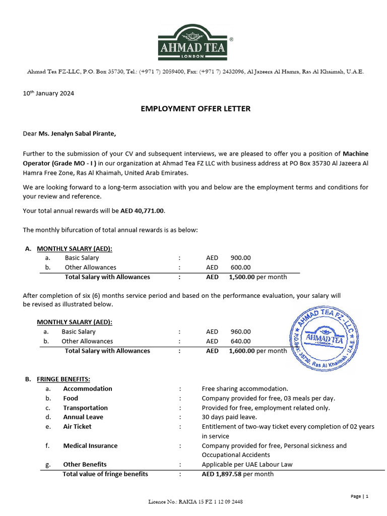 Offer Letter - Ms. Jenalyn Sabal Pirante | PDF | Employment | Labour Law