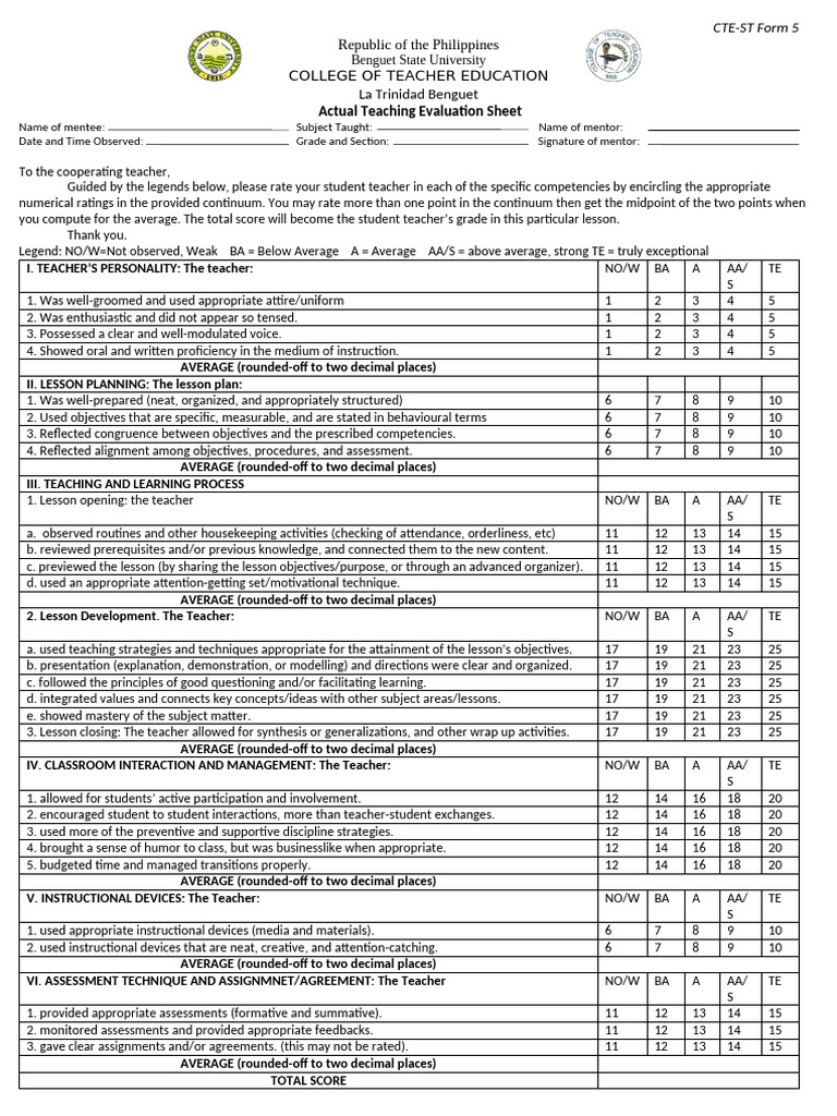 FORM 5 Actual Teaching Evaluation Sheet 1 | PDF | Teachers | Mentorship