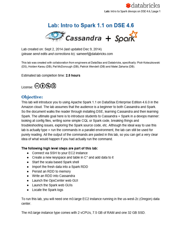 Amazon Lab (Dec Version) - Intro To Spark 1.1 On DSE 4 | PDF