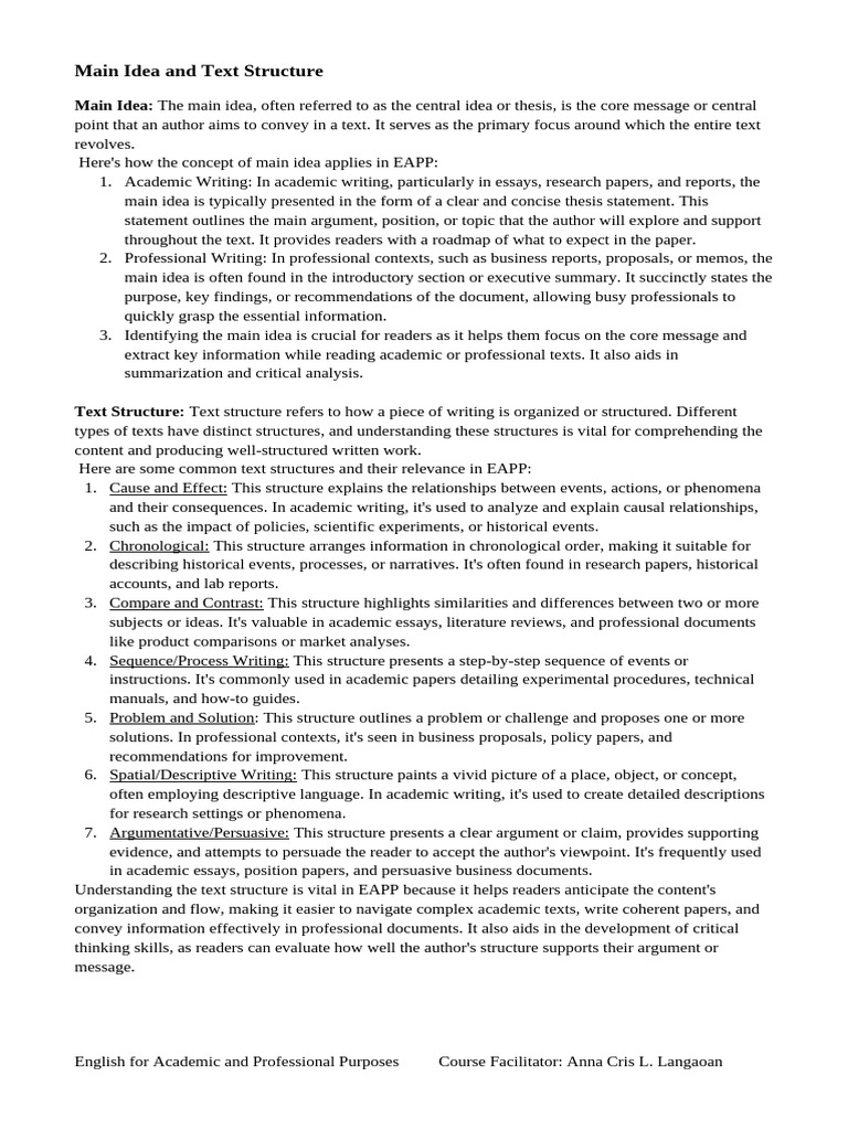 Main Idea and Text Stucture | PDF | Essays | Career & Growth