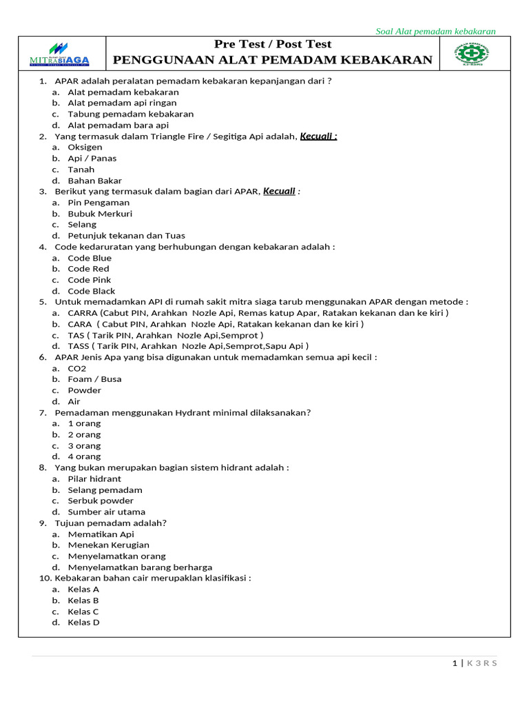 Pre Test Alat Pemadam Kebakaran | PDF | Sains & Matematika