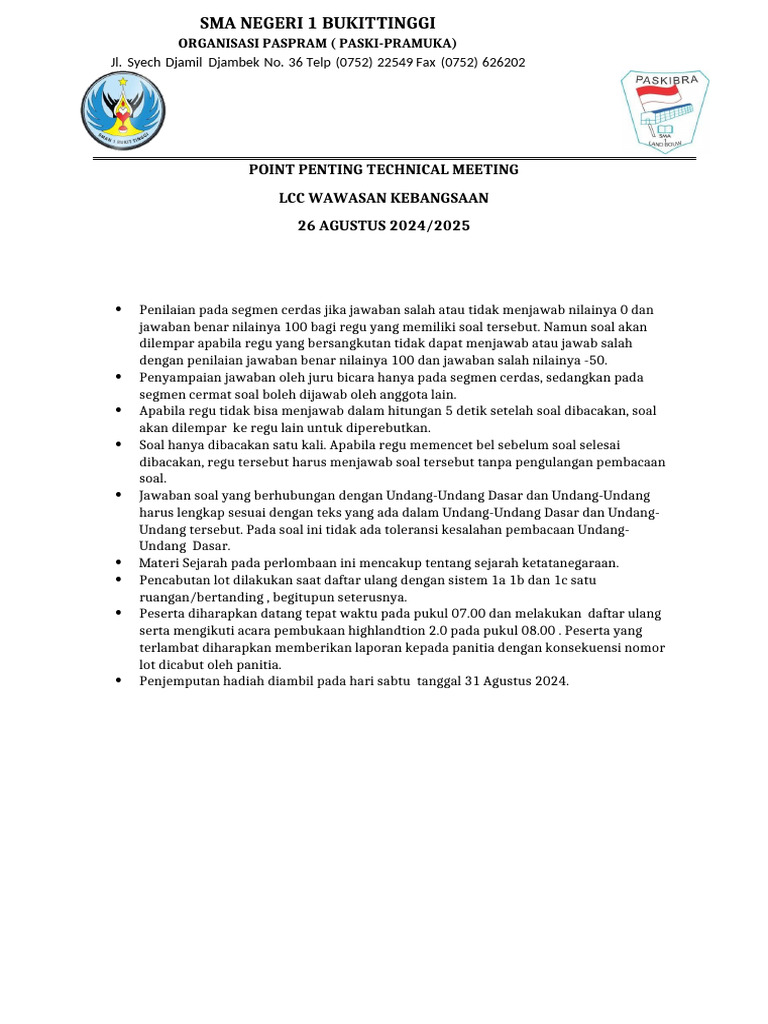 Rangkuman Technical Meeting LCC Wawasan Kebangsaan | PDF