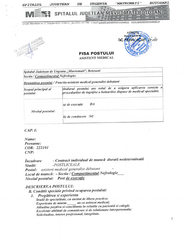 Fisa Postului Asistent Medical Generalist Debutant Compartiment ...